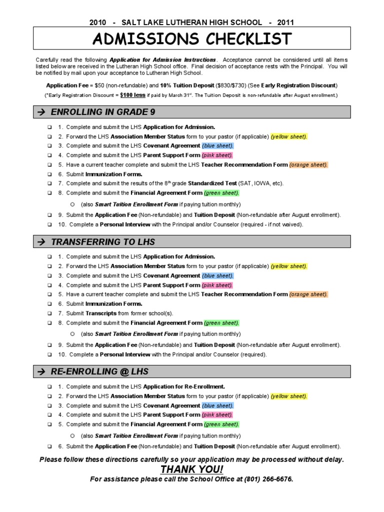 Lutheran High School Admissions Checklist | PDF | Tuition Payments | Fee
