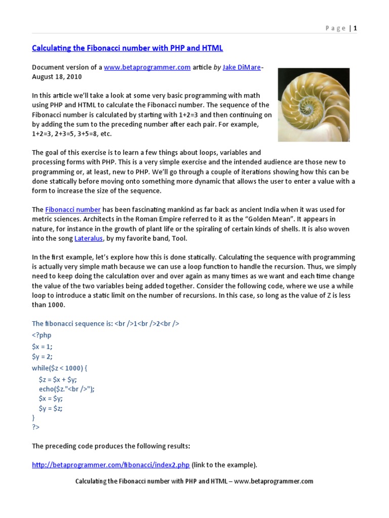 Calculating The Fibonacci Number With Php And Html Pdf Computer