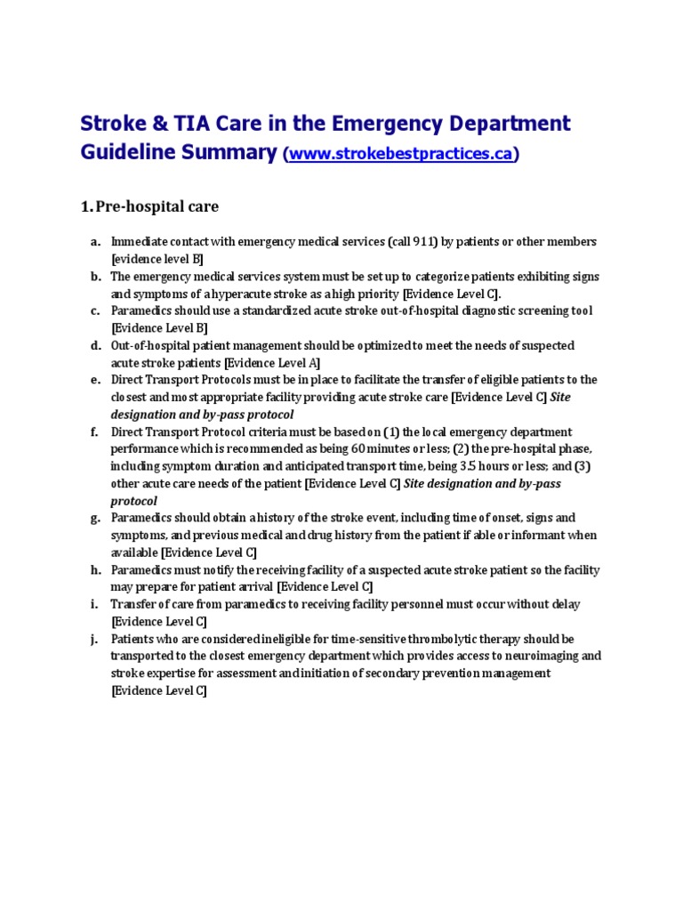 Stroke & TIA Care in The Emergency Department Guideline Summary | PDF ...
