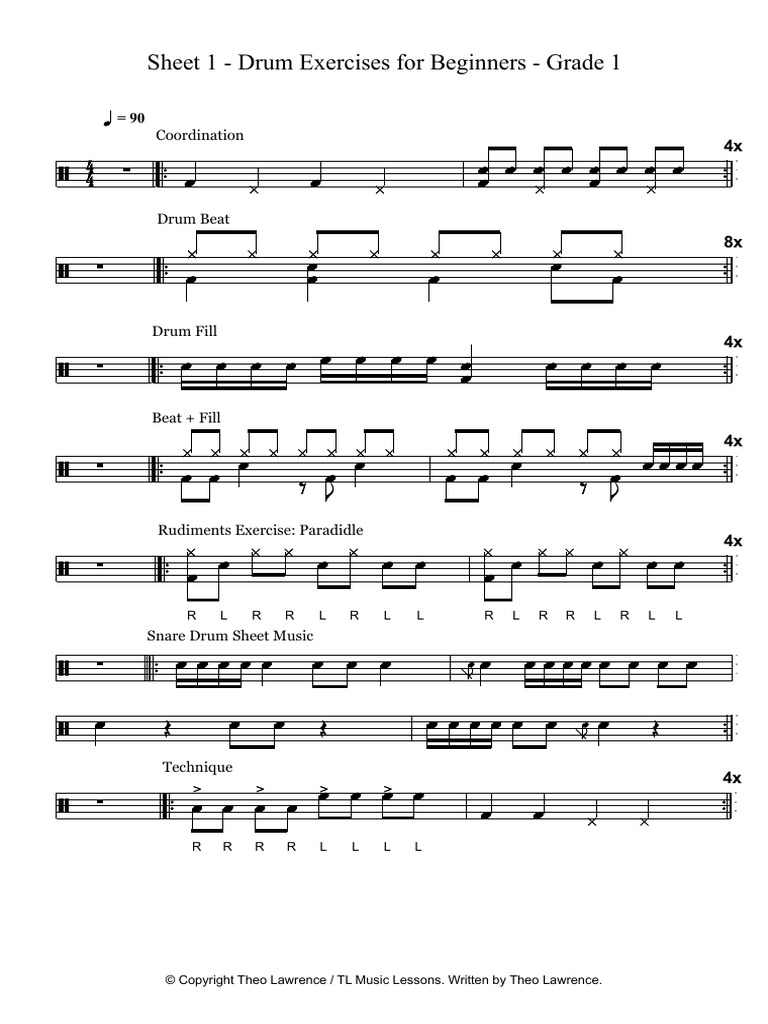 Sheet 1 Drum Exercises For Beginners Grade 1 | PDF