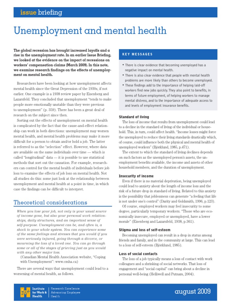 Iwh Briefing Mental Health 2009 PDF | PDF | Unemployment | Social Science