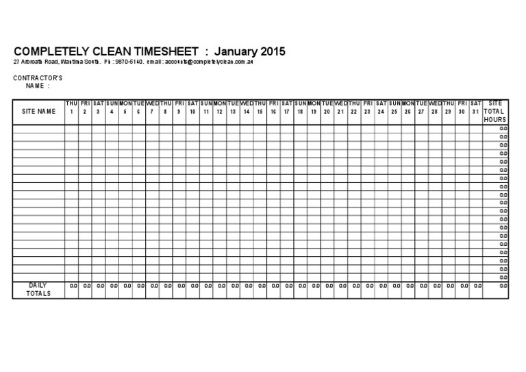 Completely Clean Timesheet: January 2015: Contractor'S Name: Site Site ...