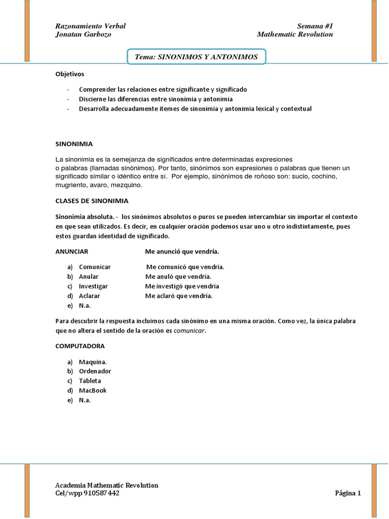 Clase Sinónimos y Antónimos Con Ejercicios | PDF | Oración (Lingüística ...