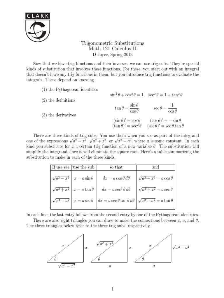 Trigonometric Substitutions Math 121 Calculus II | PDF | Trigonometric ...