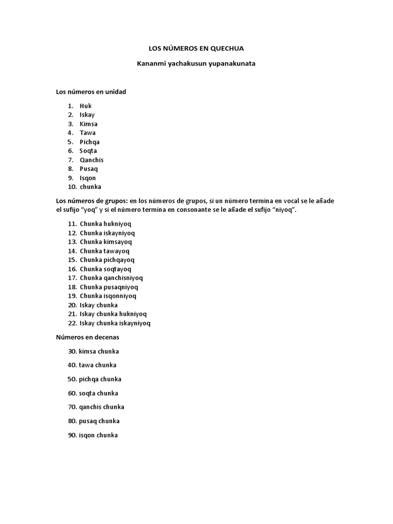 Los Números en Quechua | PDF