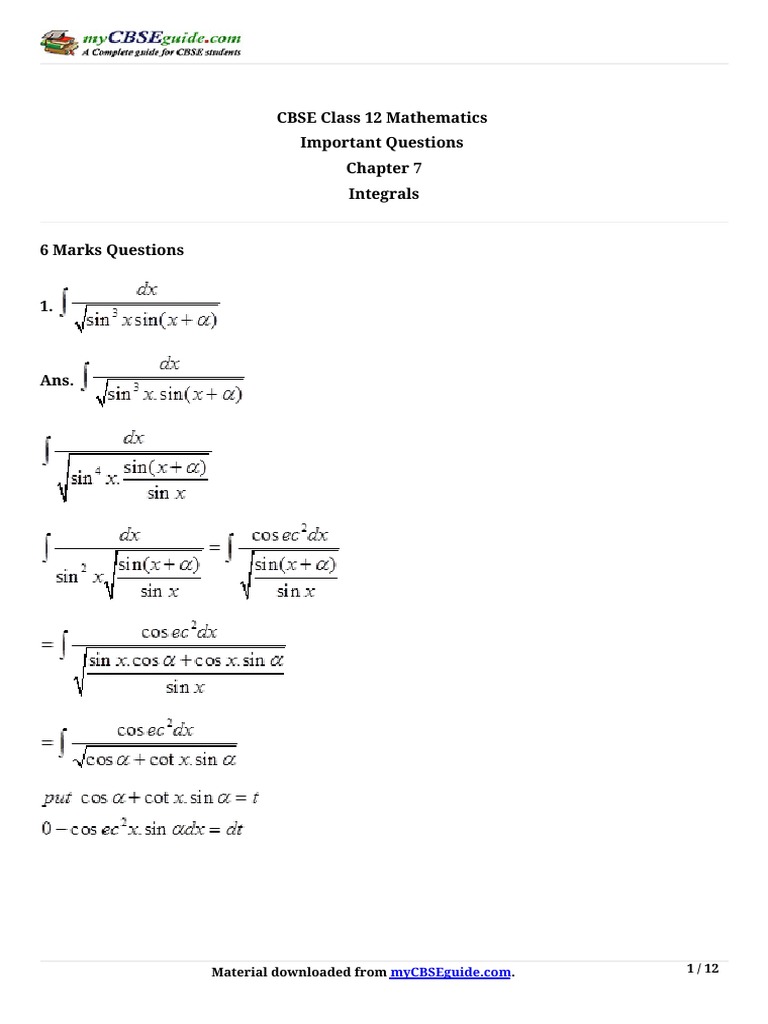 CBSE Class 12 Mathematics Important Questions Integrals | PDF