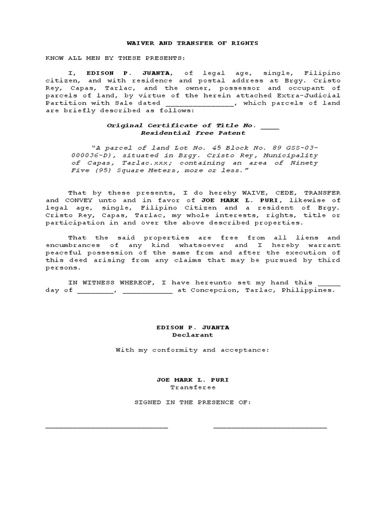 Waiver and Transfer of Land Rights | PDF | Deed | Private Law
