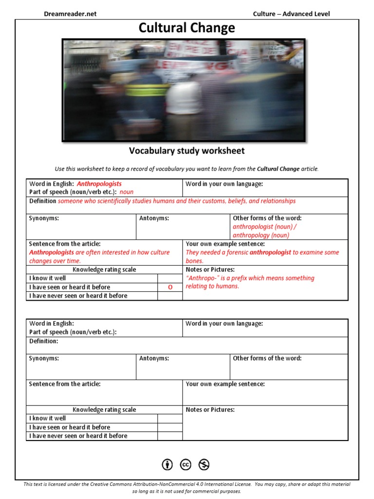 CulturalChange Vocabulary Worksheet | PDF | Part Of Speech | Anthropology