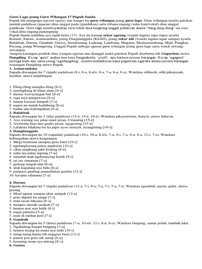 Guru Lagu Jeung Guru Wilangan 17 Pupuh Sunda | PDF