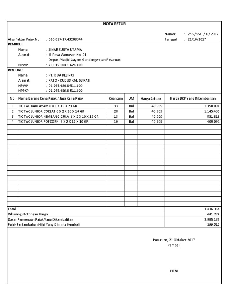 Contoh Nota Retur Faktur Pajak 2017 | PDF