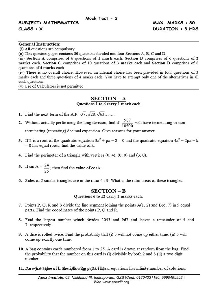 Maths Class X Sample Paper 03 For Board Exam 2019 PDF | Download Free ...