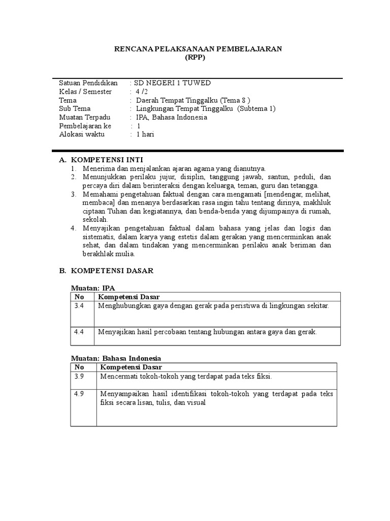RPP Kls 4 Tema 8 Subtema 1 | PDF