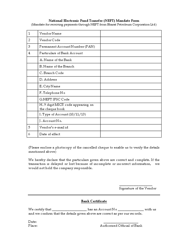 National Electronic Fund Transfer (NEFT) Mandate Form | PDF