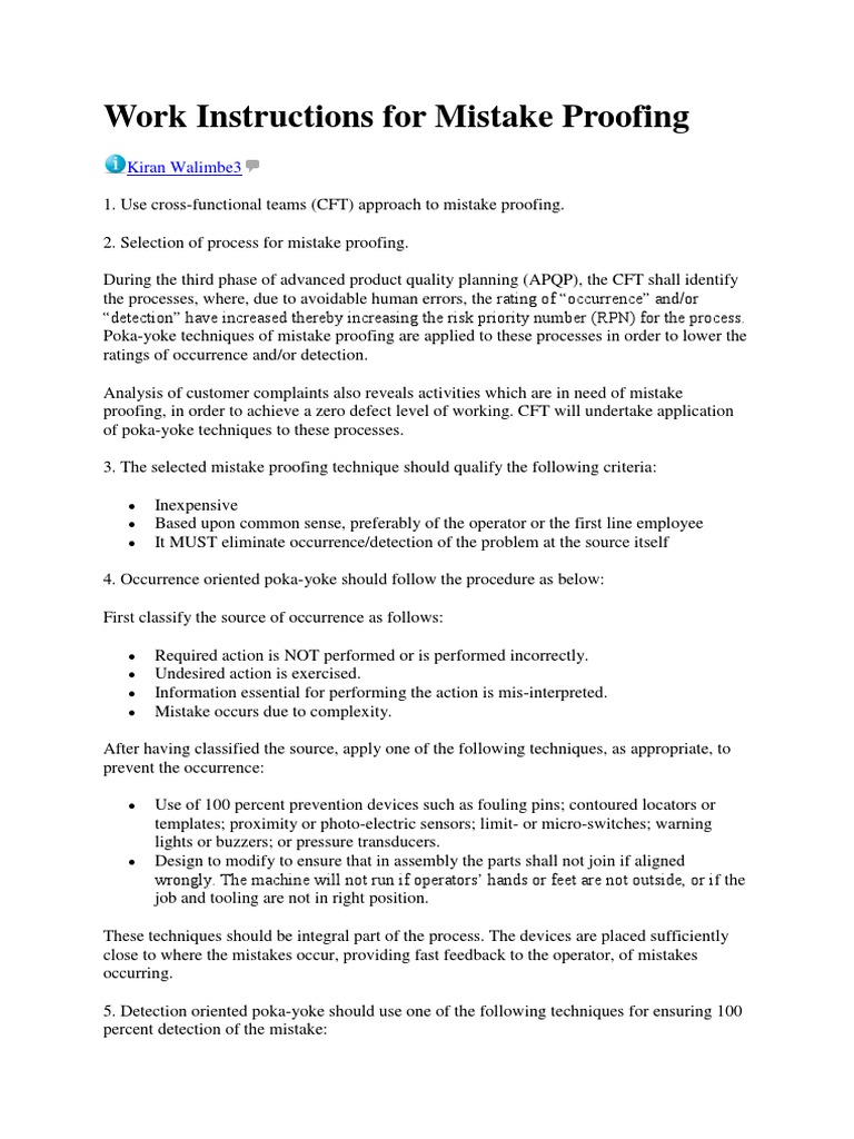 Work Instruction for Error Proofing | Systems Theory | Systems Engineering
