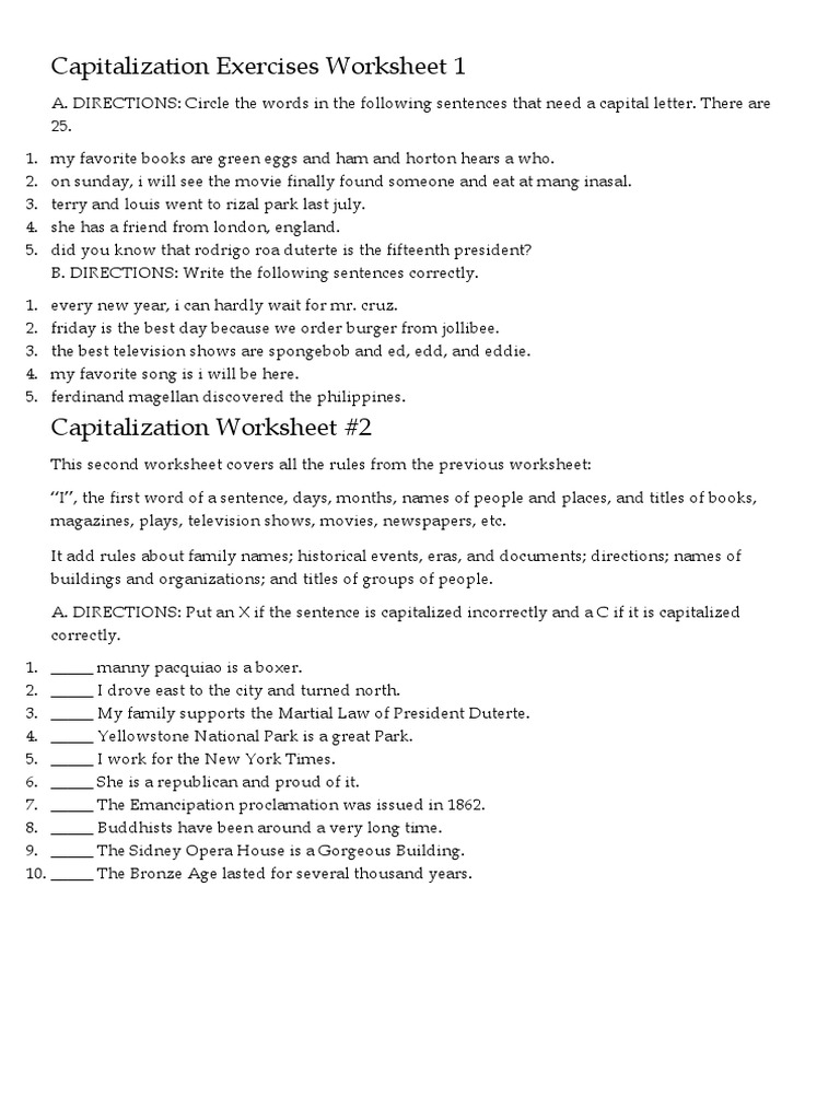 Capitalization Exercises Worksheet 1 | PDF