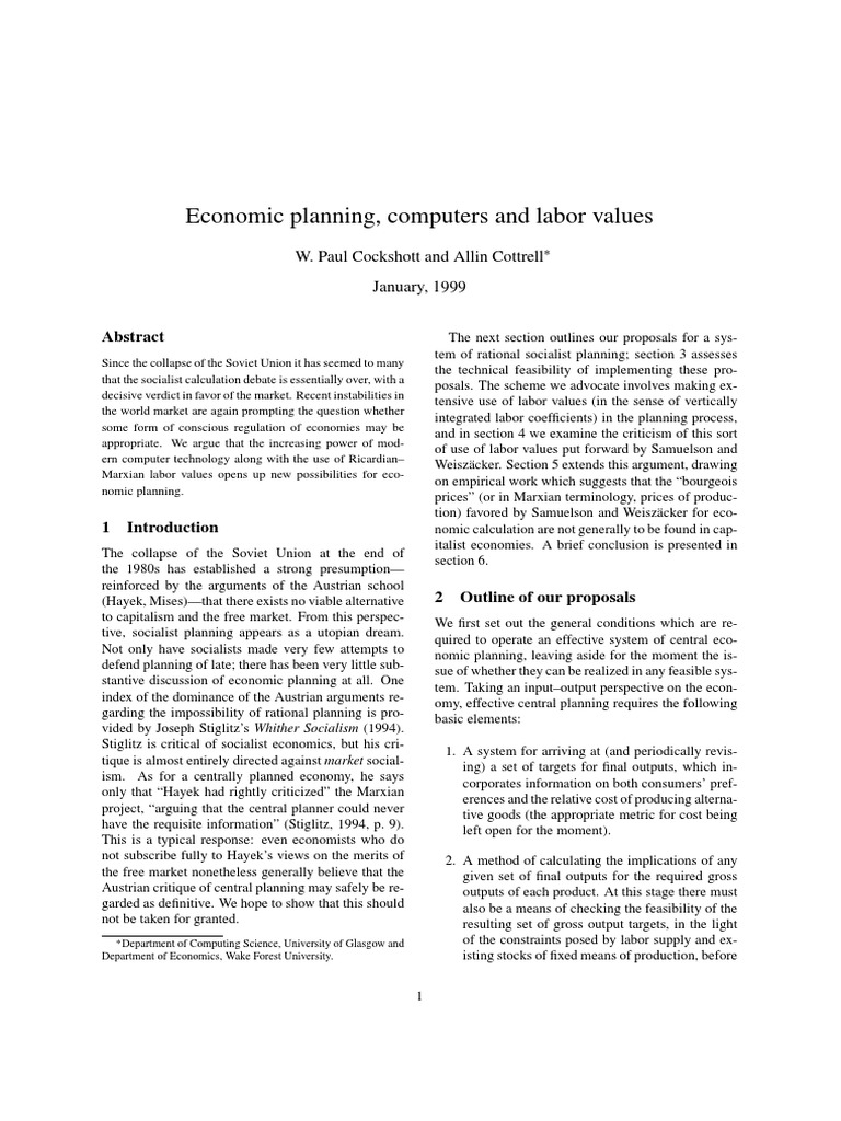 Economic Planning, Computers and Labor Values: W. Paul Cockshott and ...
