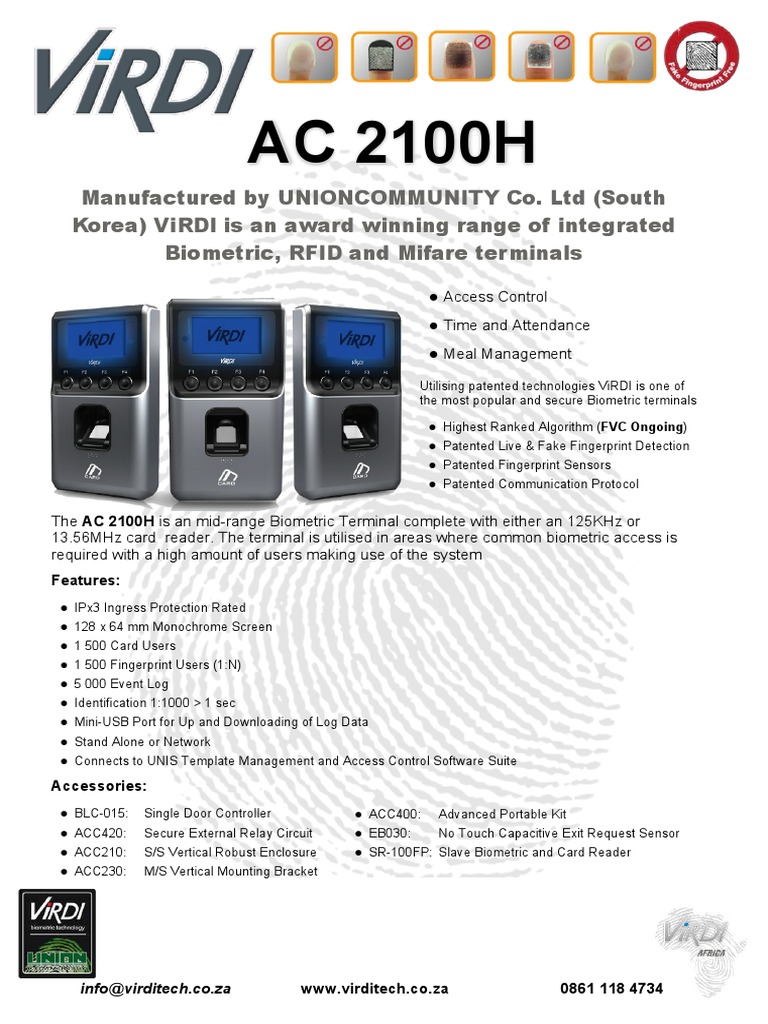 Virdi AC 2100H Biometric Terminal Overview | PDF | Access Control ...