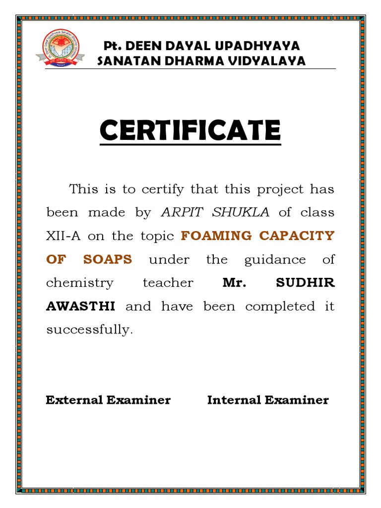 Certificate: Pt. Deen Dayal Upadhyaya Sanatan Dharma Vidyalaya | PDF