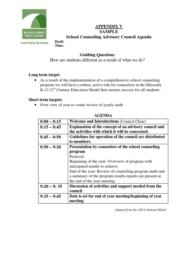 Appendix V Sample School Counseling Advisory Council Agenda | PDF