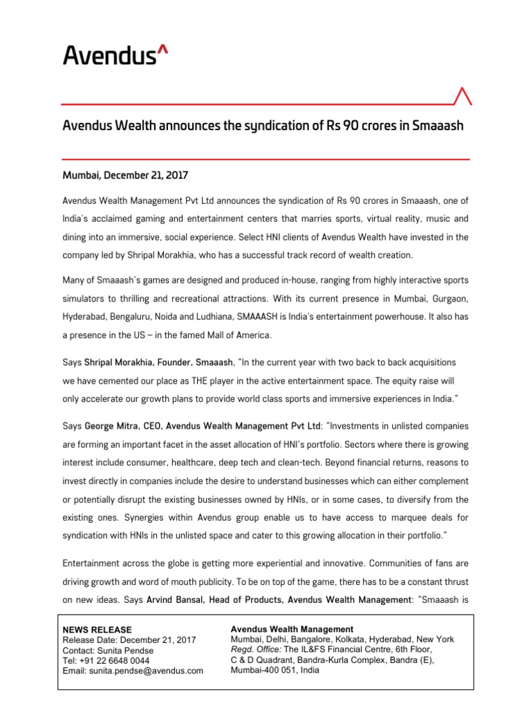 Avendus Wealth Announces The Syndication of Rs 90 Crores in Smaaash ...