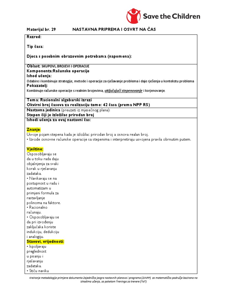 29a Obrazac - Nastavna Priprema Eksponencijalna | PDF