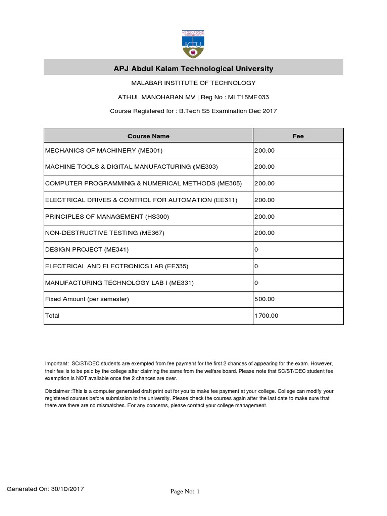 APJ Abdul Kalam Technological University: Course Name Fee | PDF ...