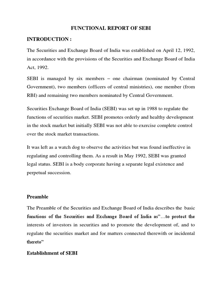 Functional Report of SEBI | Stock Market | Stocks