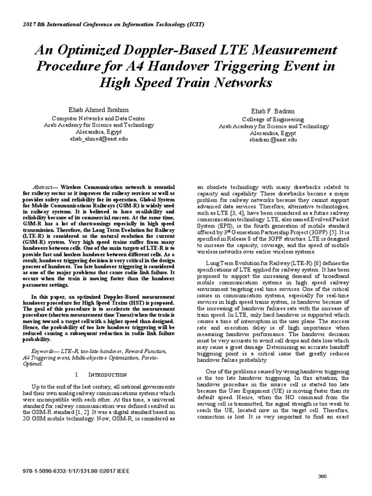 An Optimized Doppler-Based LTE Measurement Procedure For A4 Handover Triggering Event in High ...
