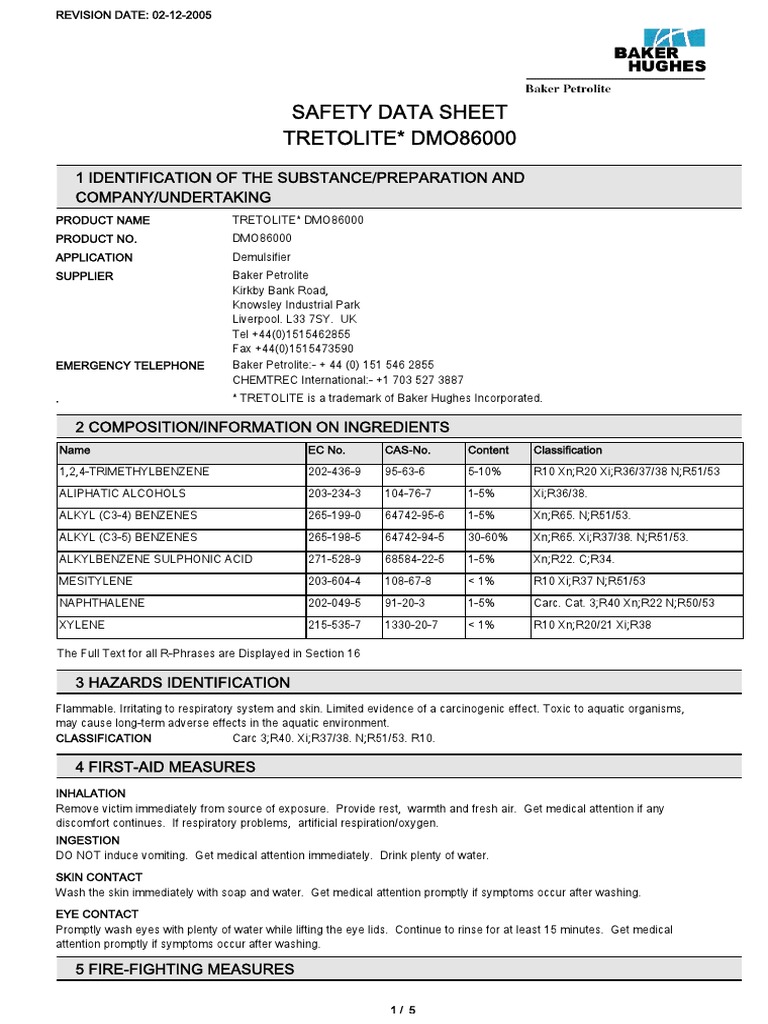 Safety Data Sheet Tretolite Dmo86000: 1 Identification of The Substance ...