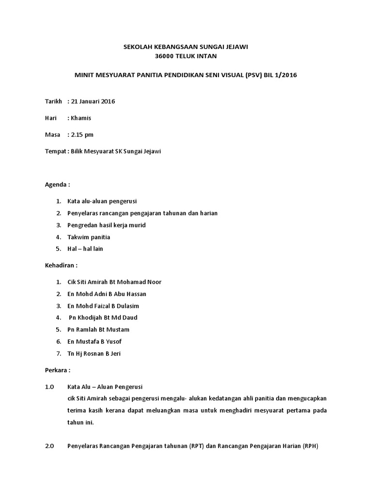 Minit Mesyuarat Panitia Pendidikan Seni Visual | PDF