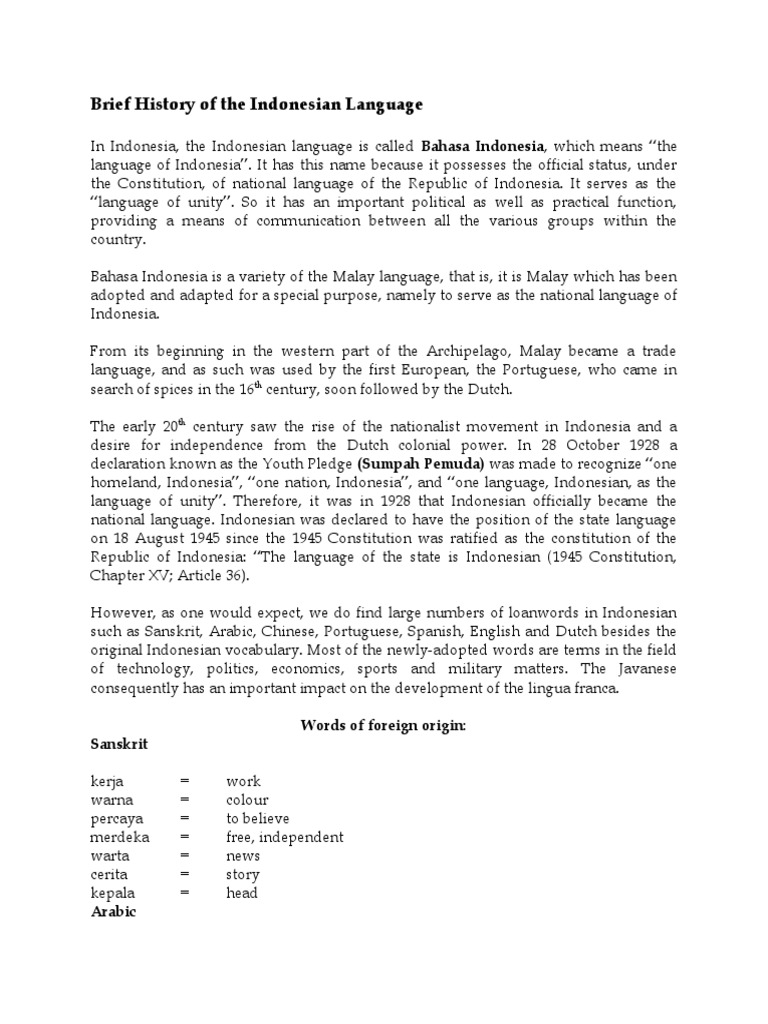 Brief History of The Indonesian Language: Words of Foreign Origin ...