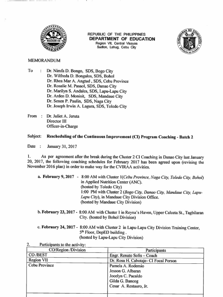 Jan 31, Rescheduling CI Regional Memo
