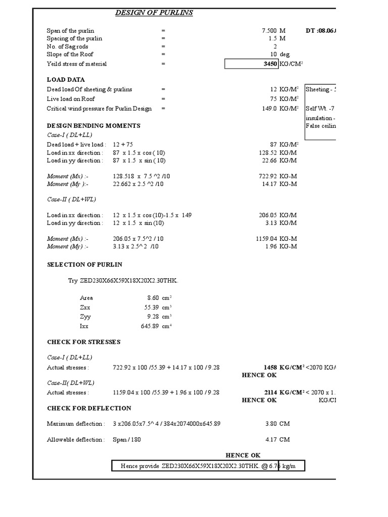 Zed Purlins Dsample Design Calculations in XL Format | PDF | Bending | Roof
