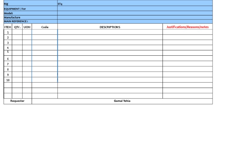 Item Qty. Uom Code Descriptions 1 2 3 4 5 6 7 8 9 10: Justifications ...