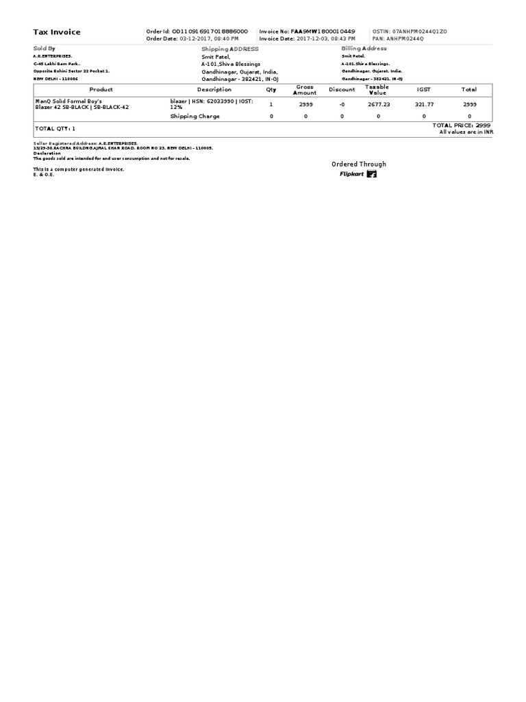 Tax Invoice: Product Description Qty Gross Amount Discount Taxable ...