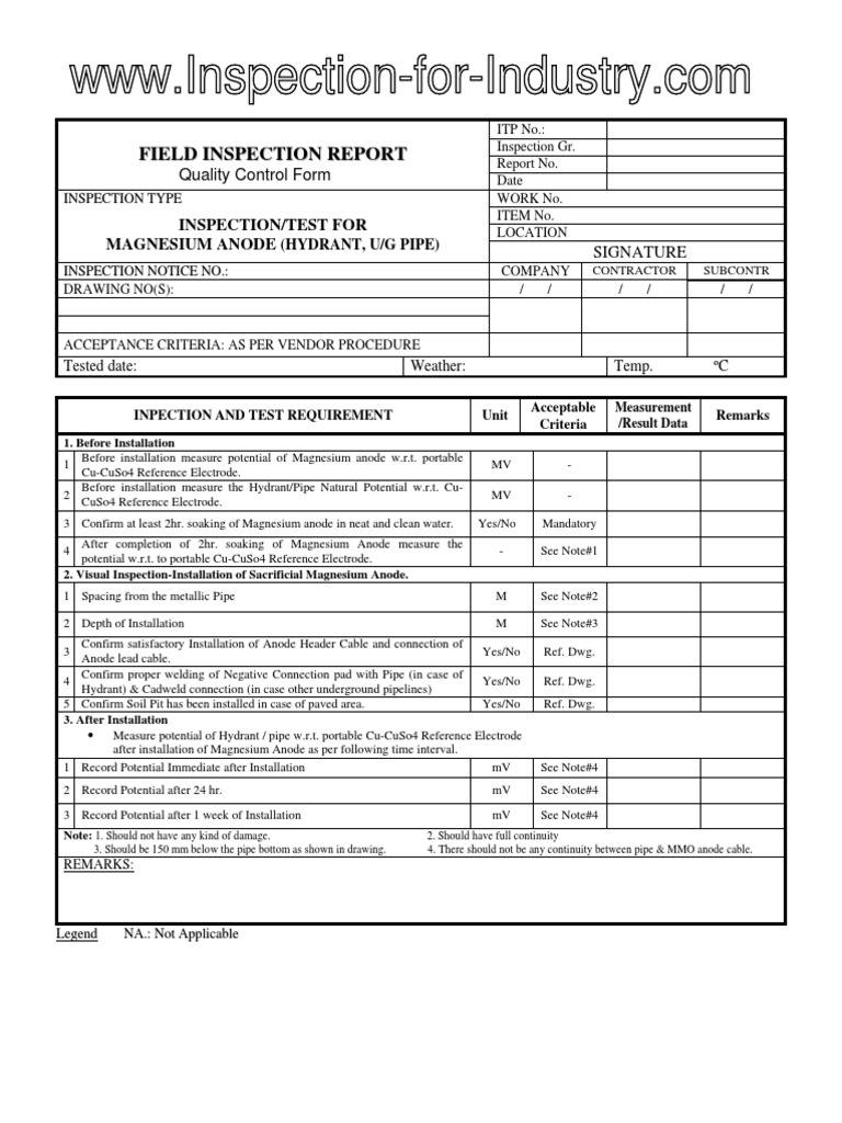 Magnesium Anode Test Quality Control and Inspection Report Form | PDF ...