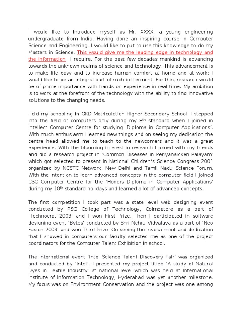 Sample SOP Computer Science | PDF | Science | Master Of Science