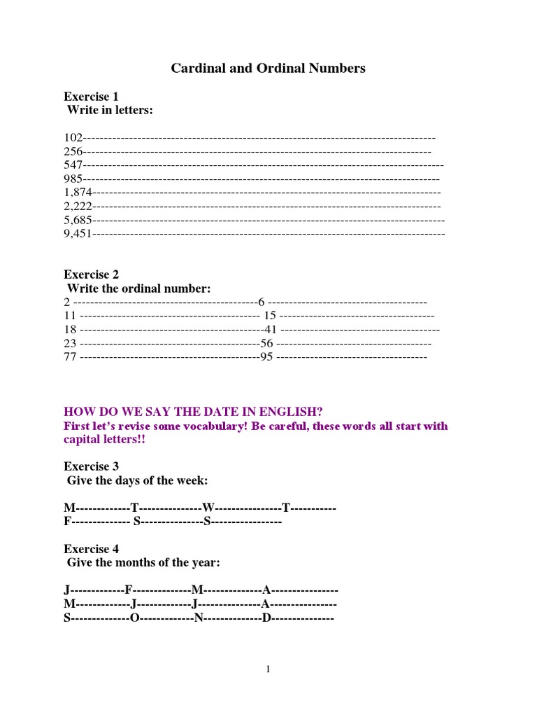 Cardinal and Ordinal Numbers Exercises | PDF