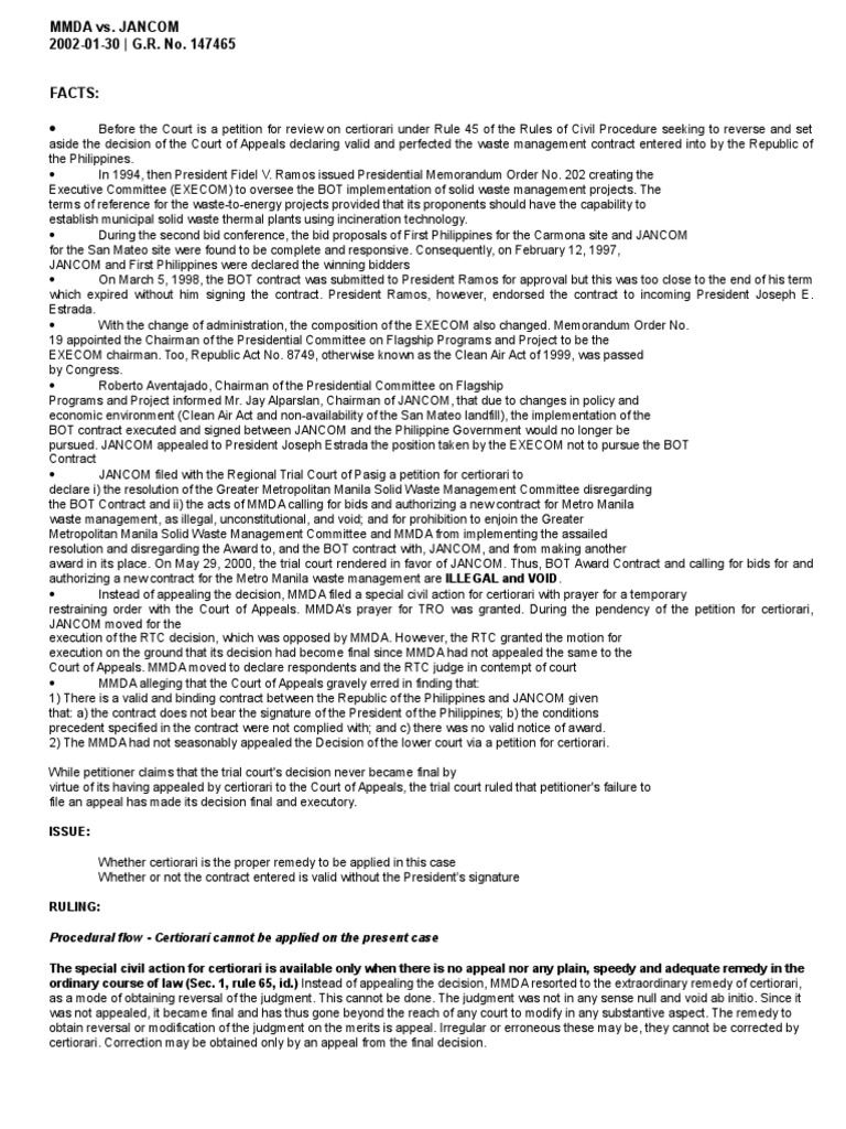 MMDA vs. Jancom | PDF | Certiorari | Judgment (Law)
