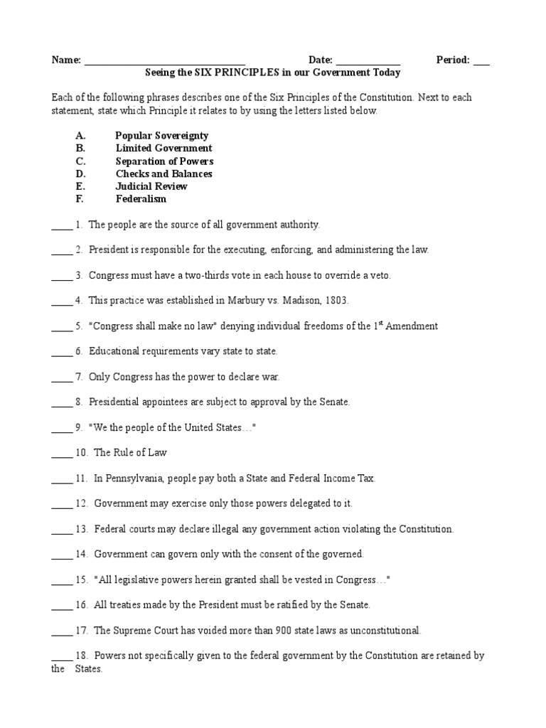 Six Principles of the Constitution Worksheet | PDF | Separation Of ...
