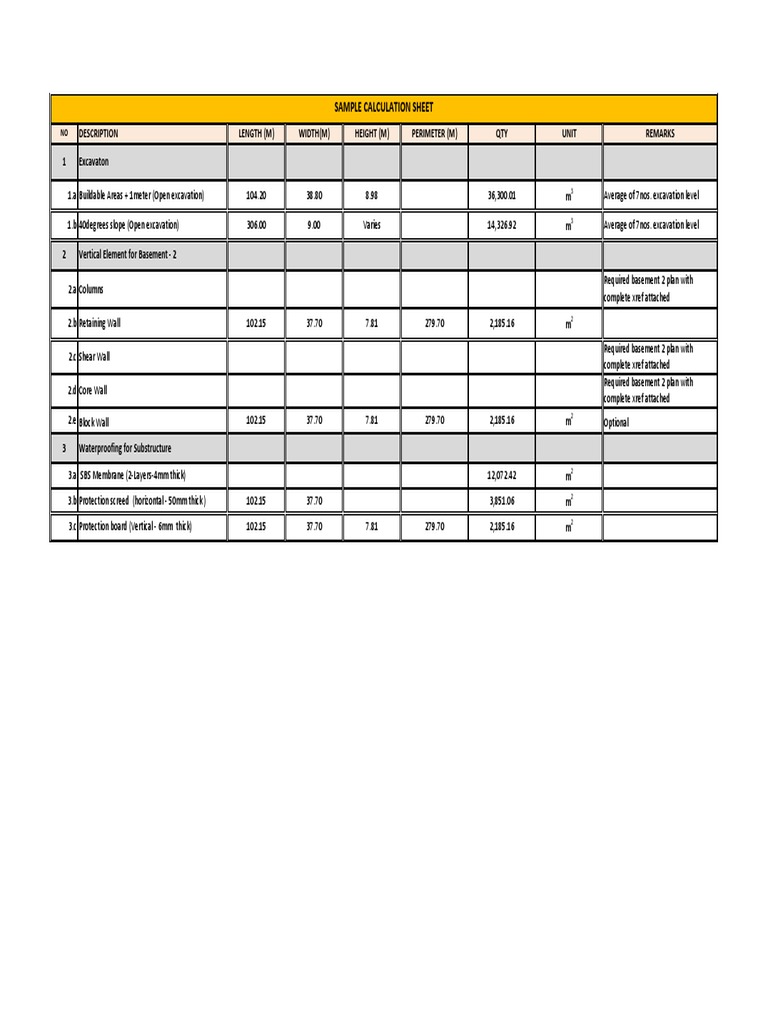 Sample Calculation Sheet: Description Length (M) Width (M) Height (M ...