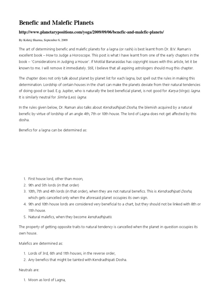 Benefic and Malefic Planets | PDF | Astrological Sign | Planets In ...