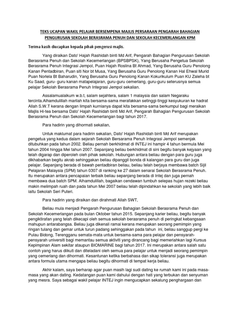 Teks Ucapan Wakil Pelajar Bersempena Majlis Persaraan Pengarah Bahagian ...