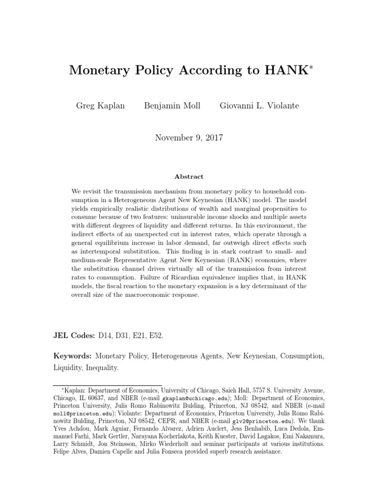 Monetary Policy According To HANK | PDF | New Keynesian Economics ...