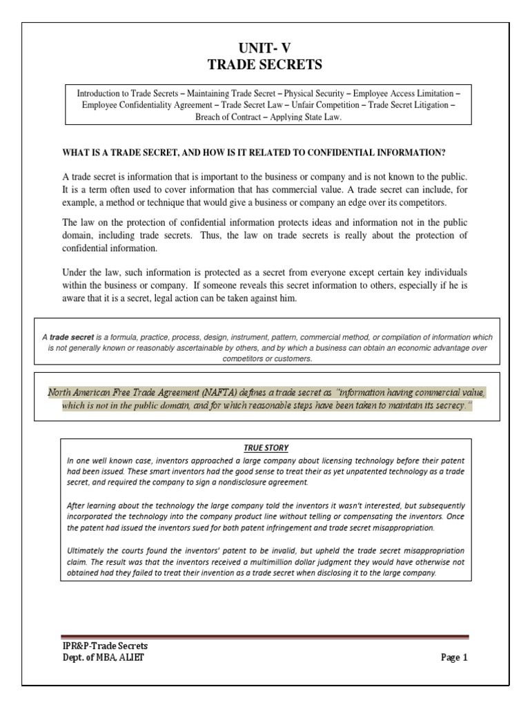 Unit-V Trade Secrets: What Is A Trade Secret, and How Is It Related To ...