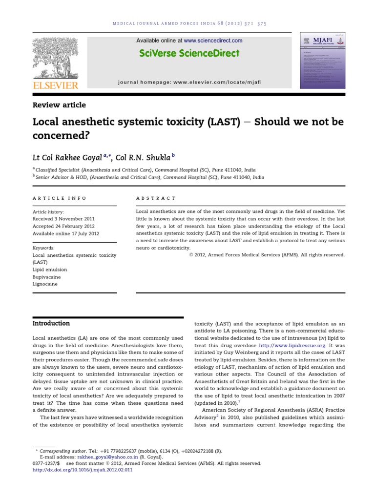 Local Anesthetic Systemic Toxicity (LAST) e Should We Not Be Concerned ...