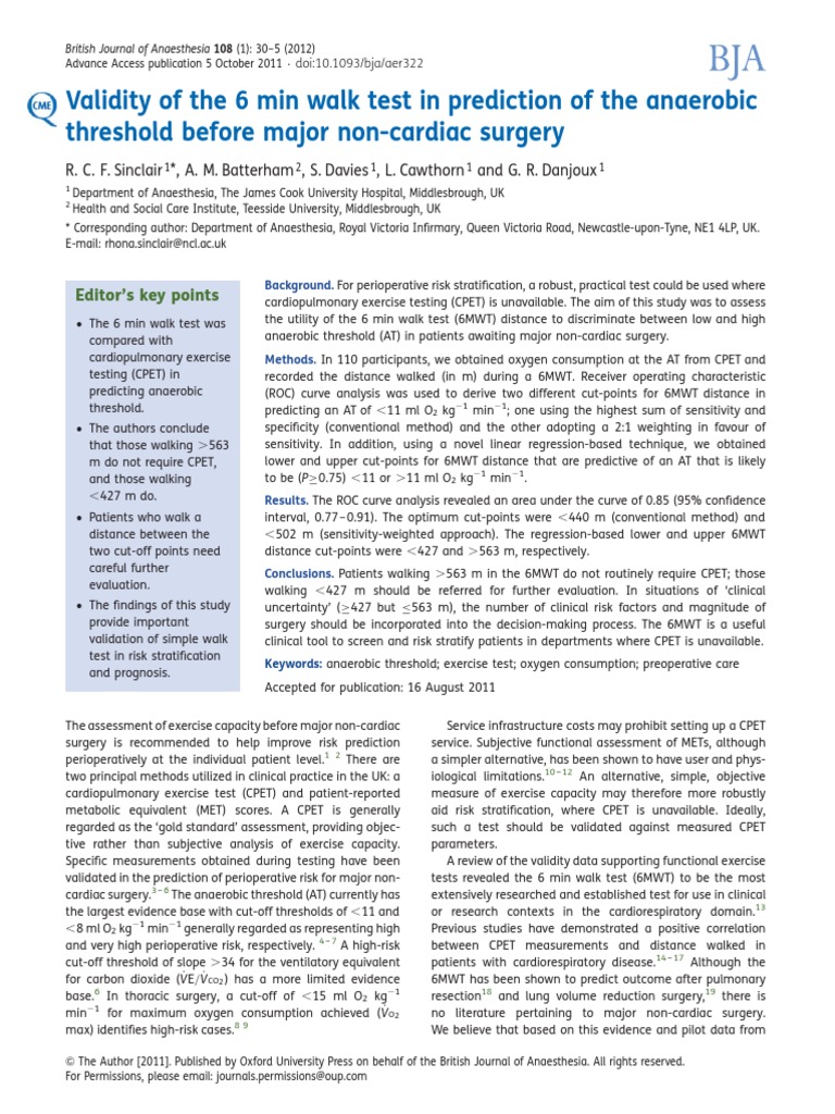6 Minute Walk Test | PDF | Receiver Operating Characteristic ...