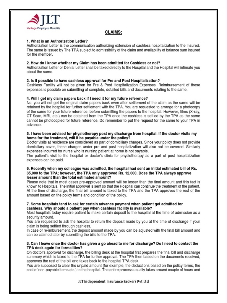 Claims:: JLT Independent Insurance Brokers PVT LTD | PDF | Hospital ...