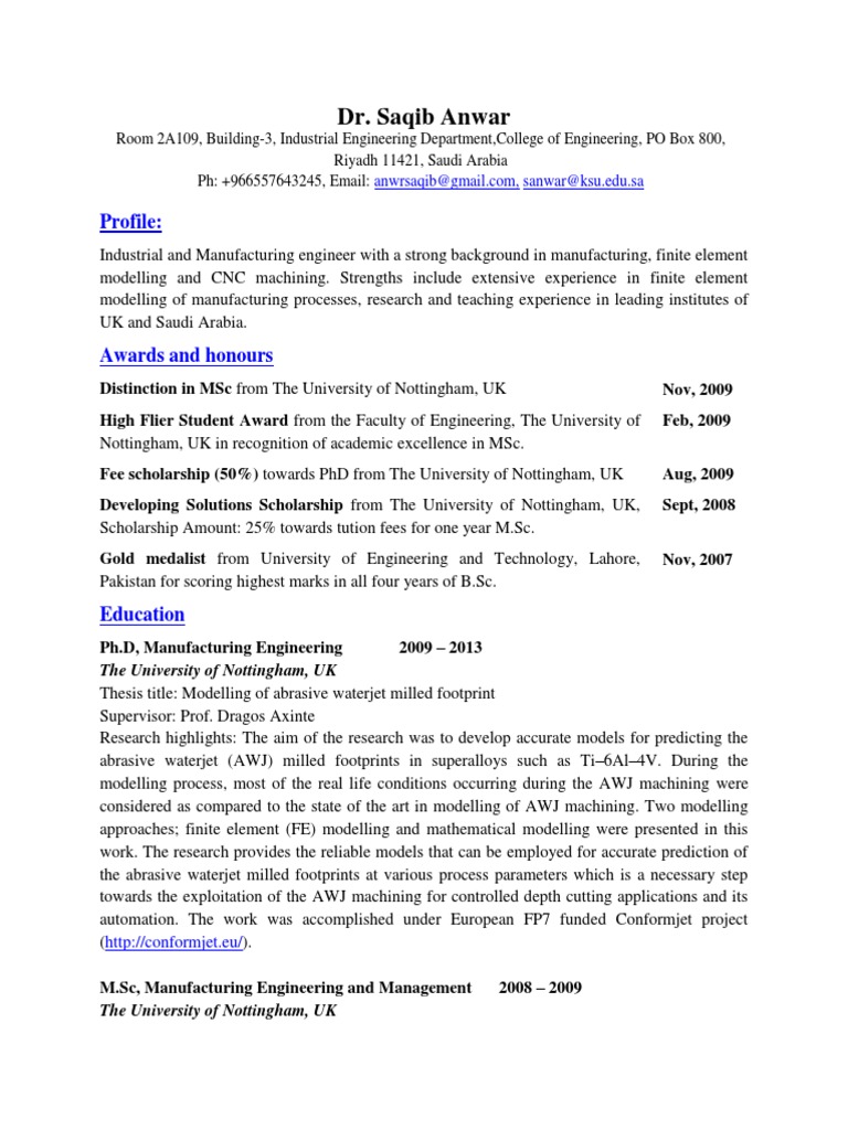 CV DR Saqib Anwar | PDF | Mechanical Engineering | Engineering