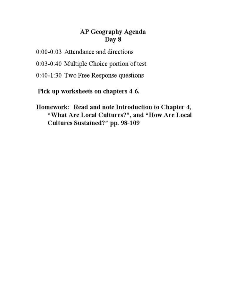 AP Geography Day 8 Agenda and Homework | PDF
